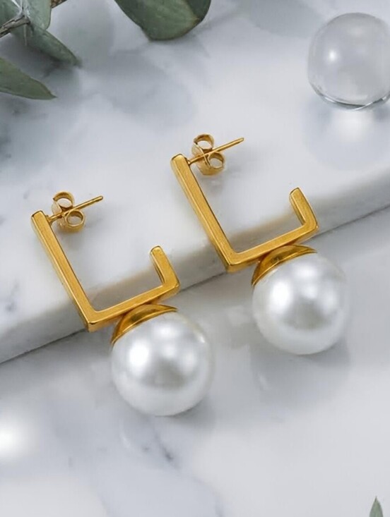 NKULTD | Jewelry | 8k Gold Plated Pearl Drop Earrings Geometric ...